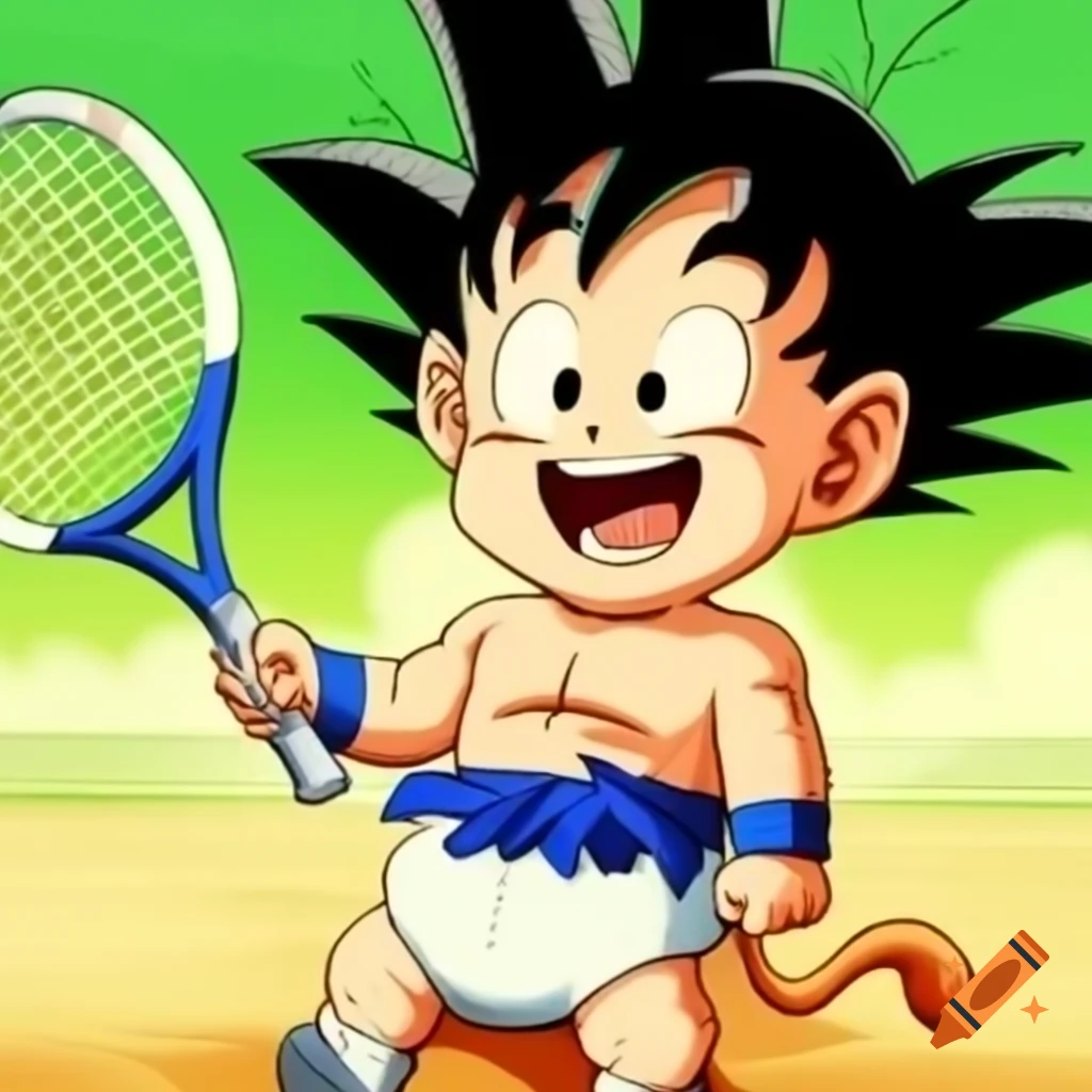 Baby Goku as Super Saiyan playing tennis, joyful expression on Craiyon