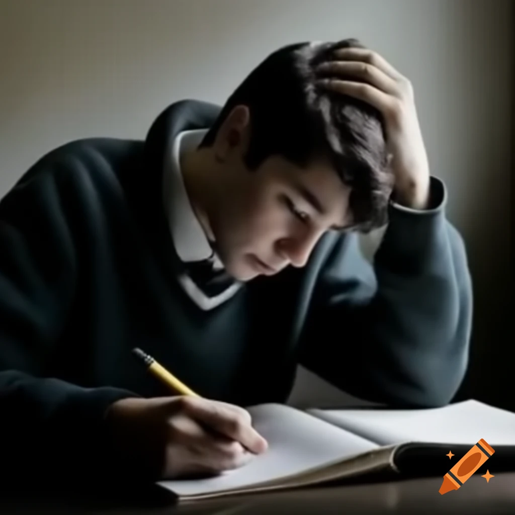 Tired student studying with head in hands, distracted gaze on Craiyon