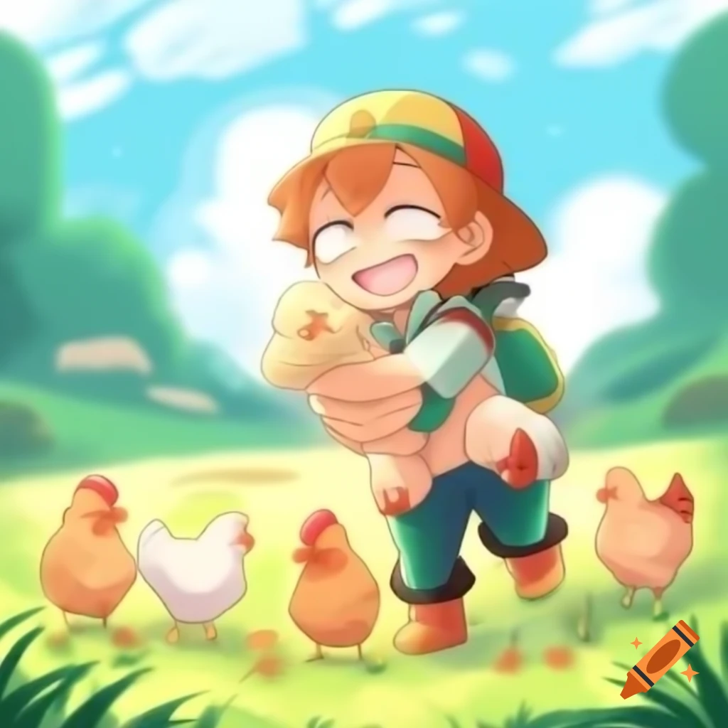 Deku from My Hero Academia caring for chickens in a meadow on Craiyon