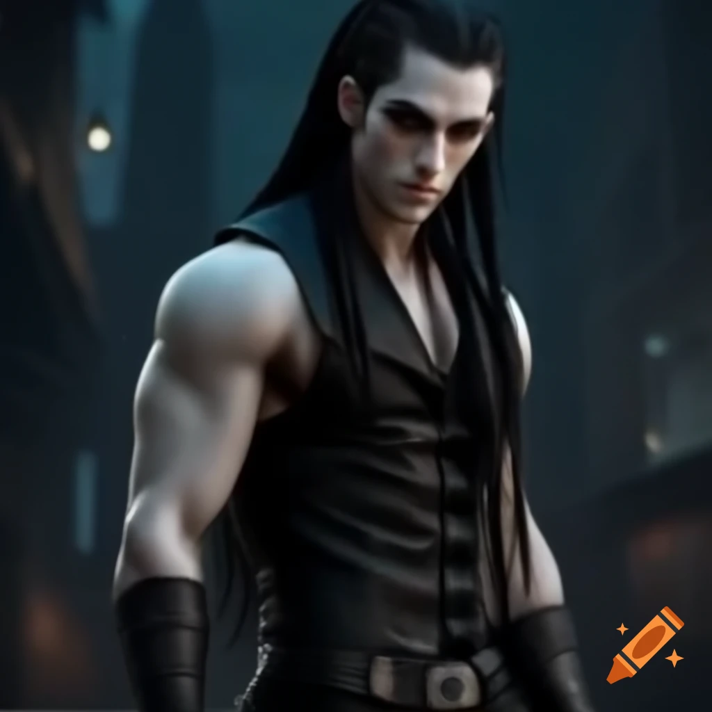 Androgynous gothic male with long black braids and biker vest in city ...
