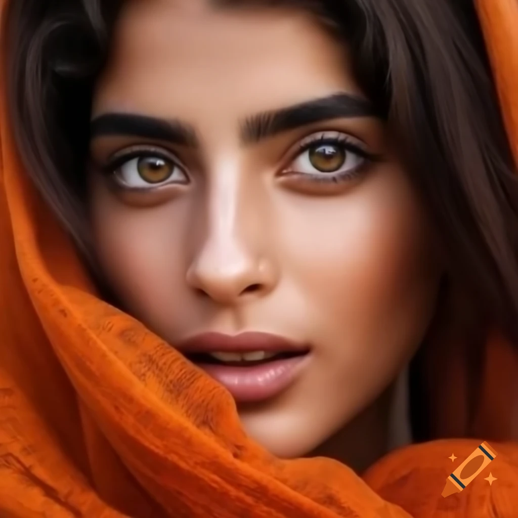 Beautiful Spanish Arabic woman in orange burka, playful demeanor on Craiyon