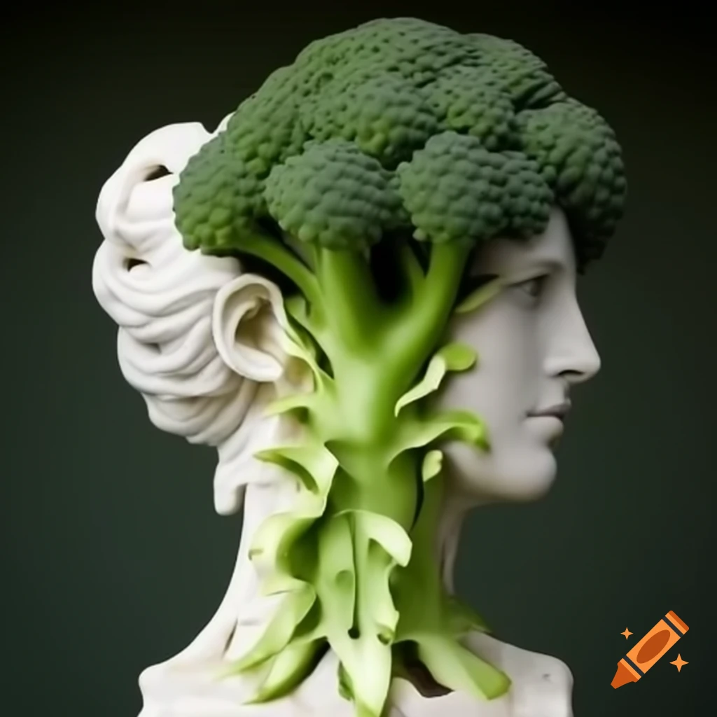 Ancient Greek marble statue head with broccoli-like plant on top on Craiyon