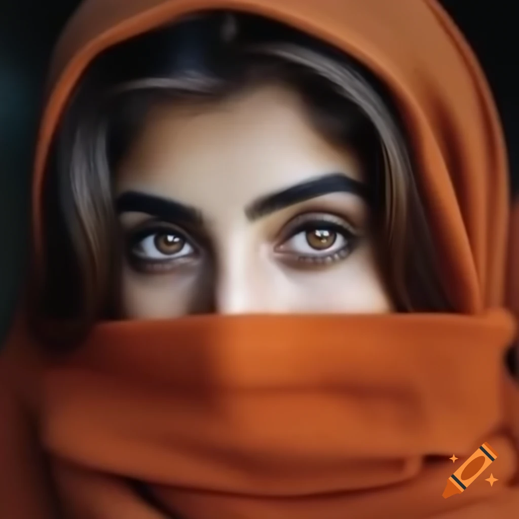Beautiful Spanish Arabic woman in orange burka, playful demeanor on Craiyon