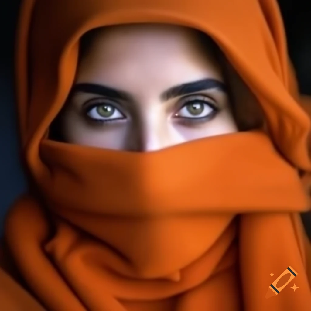 Beautiful brown-haired woman in orange burka, showcasing Spanish Arabic ...