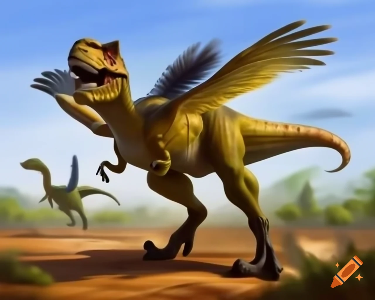 Colorful Tyrannosaurus Rex chasing giant crustaceans with feathers and ...