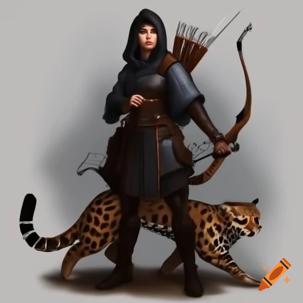 Female archer in hooded cloak with ocelot companion on Craiyon