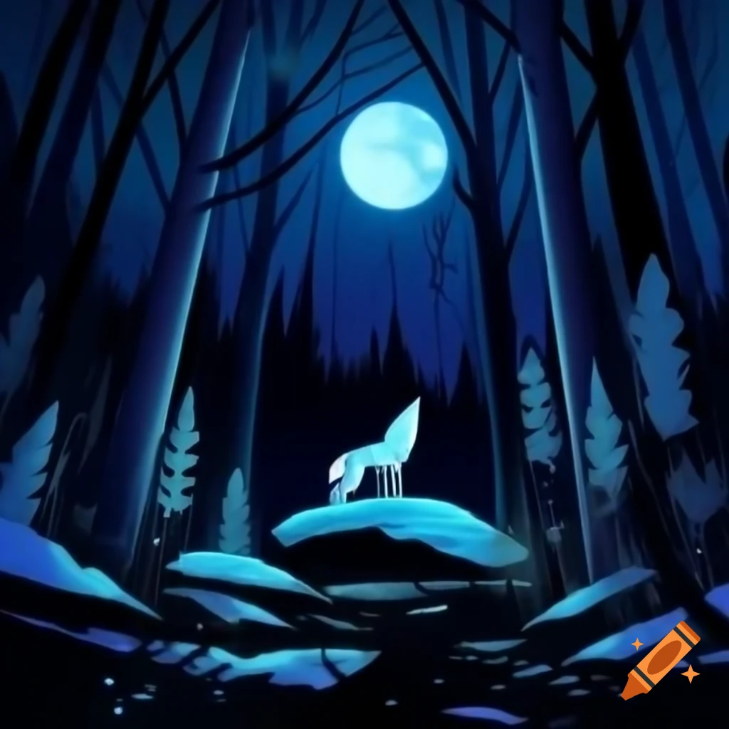 Wolf howling at the moon from a stone in a coniferous forest at night on Craiyon