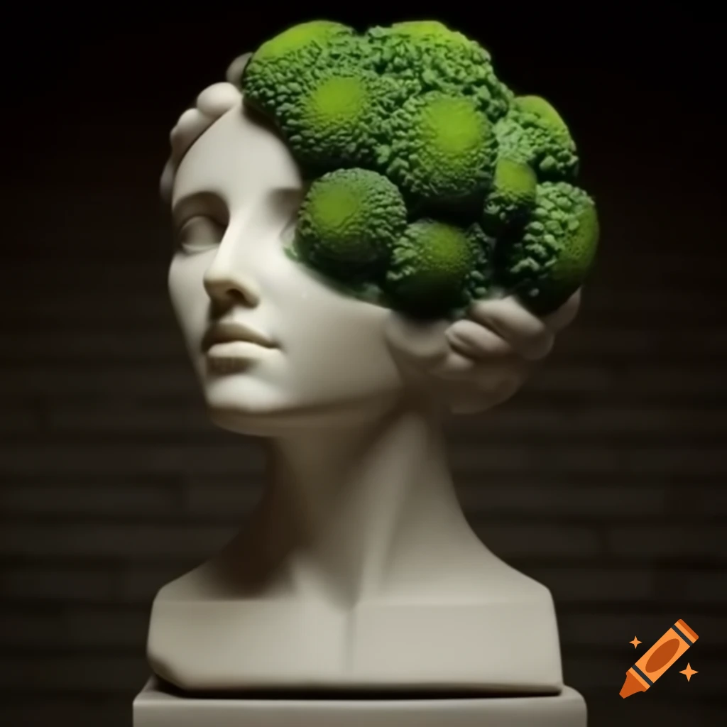 Ancient Greek marble statue head with broccoli-like plant on top on Craiyon
