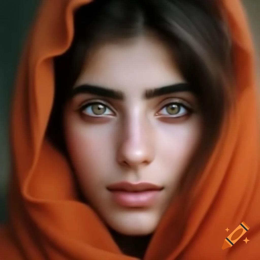 Beautiful brown-haired woman in orange burka, showcasing Spanish Arabic ...