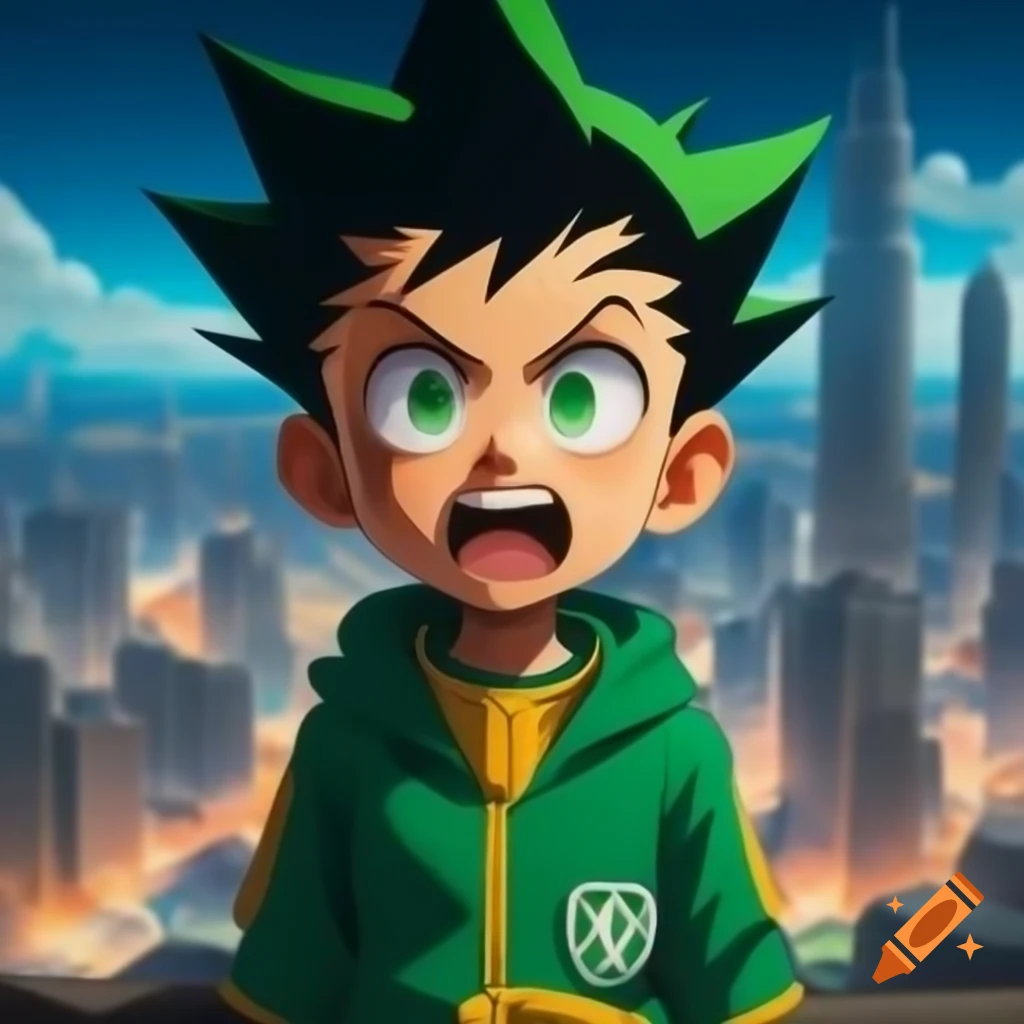 Determined portrait of Hunter x Hunter character Gon in bustling ...