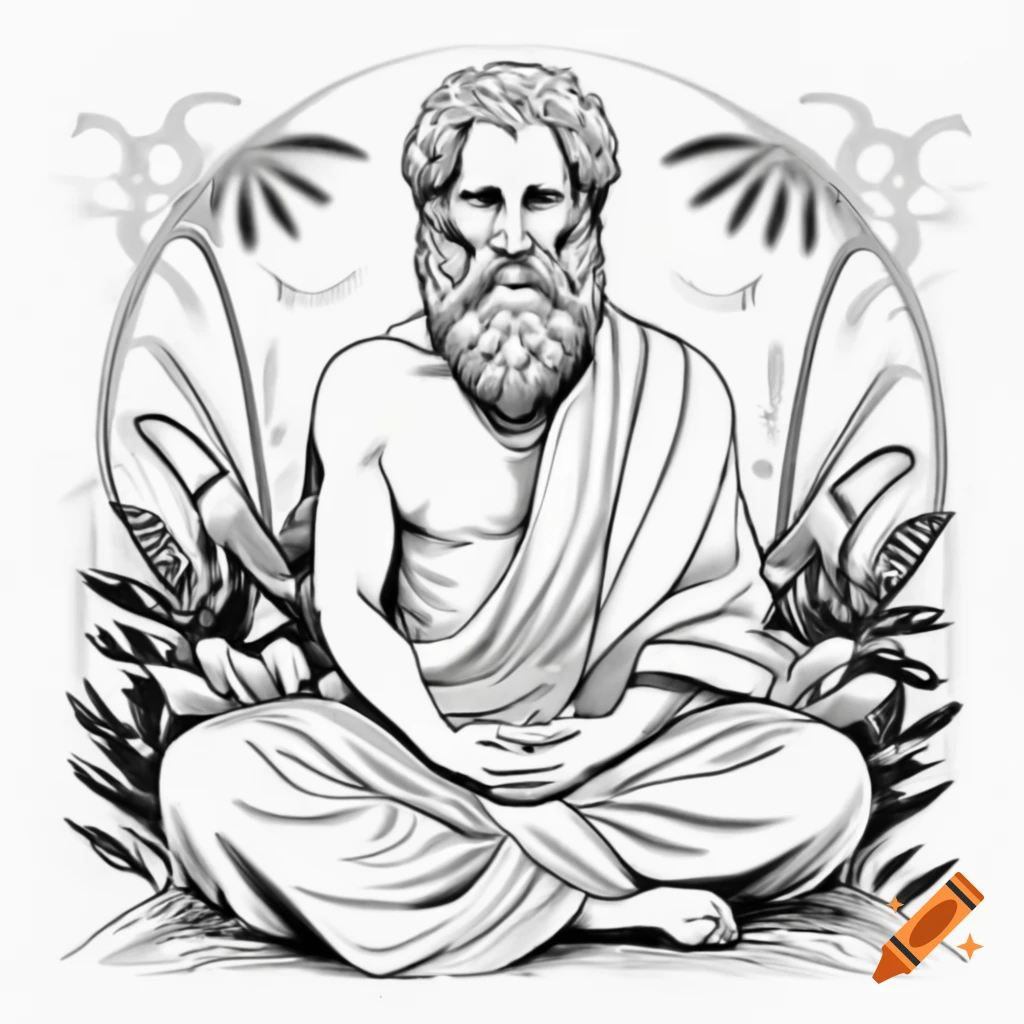Black and white ink drawing of Greek philosopher meditating in nature ...