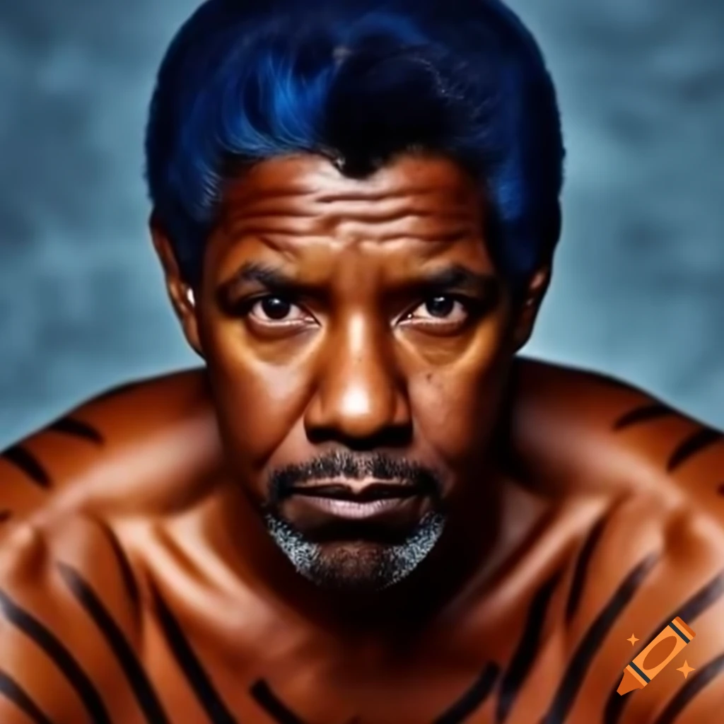 Muscular person in tiger makeup with blue hair and orange skin on Craiyon