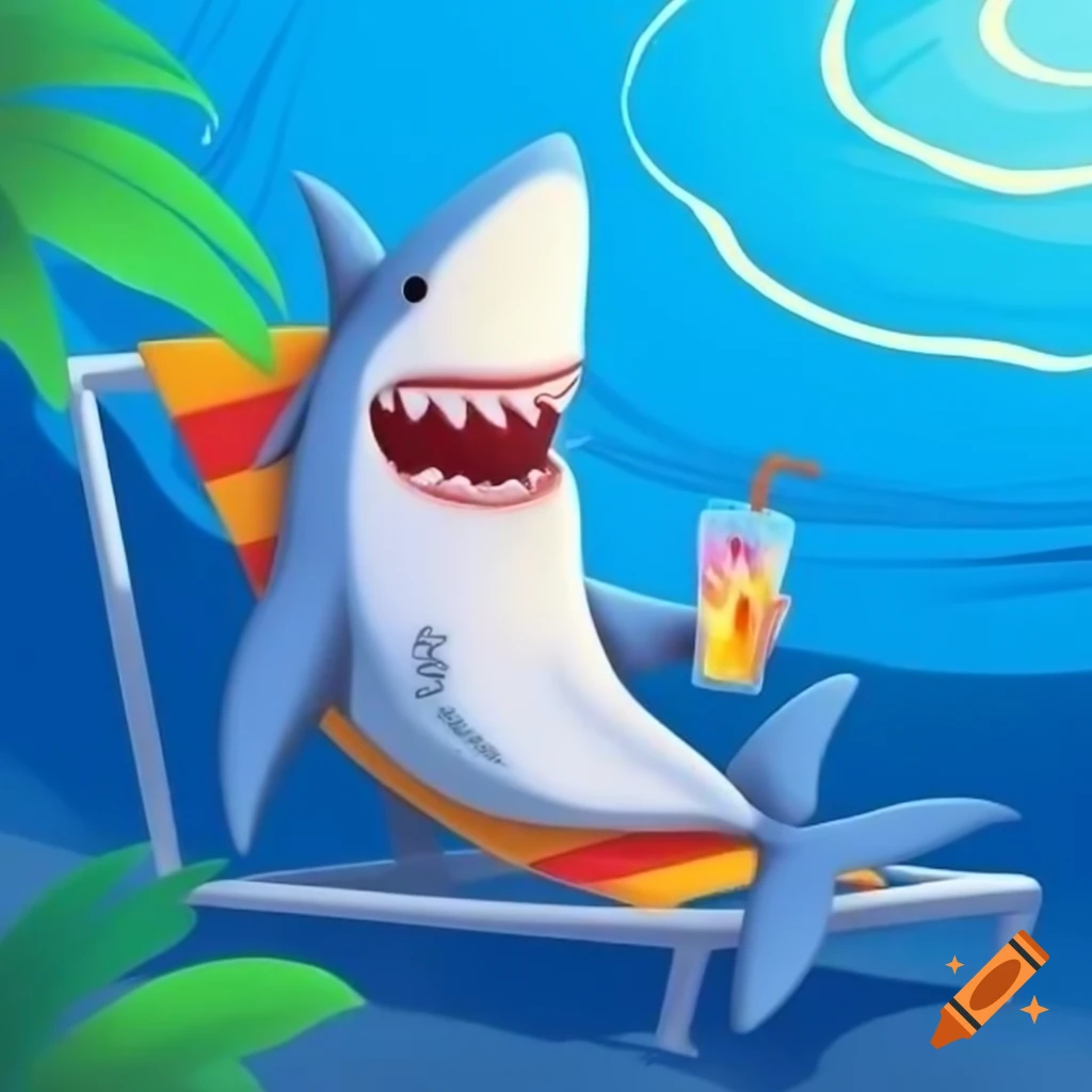 Great white shark relaxing on lounge chair with tropical drink on Craiyon