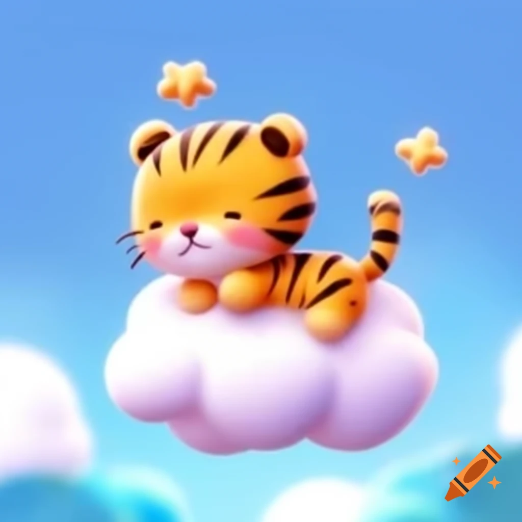 Chibi tiger relaxing on a fluffy cloud, looking up adorably on Craiyon