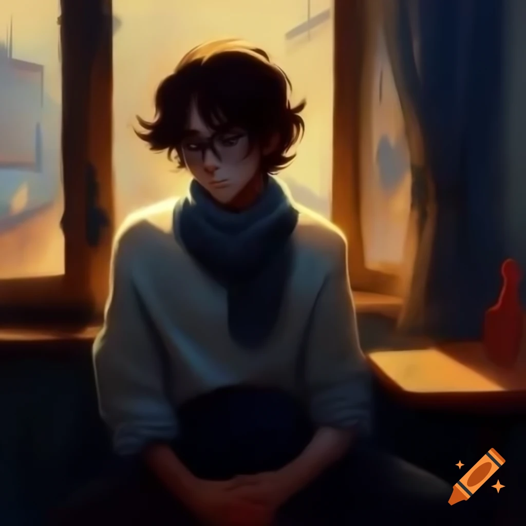 Melancholic young Belgian man portrait in cozy Prague café on Craiyon