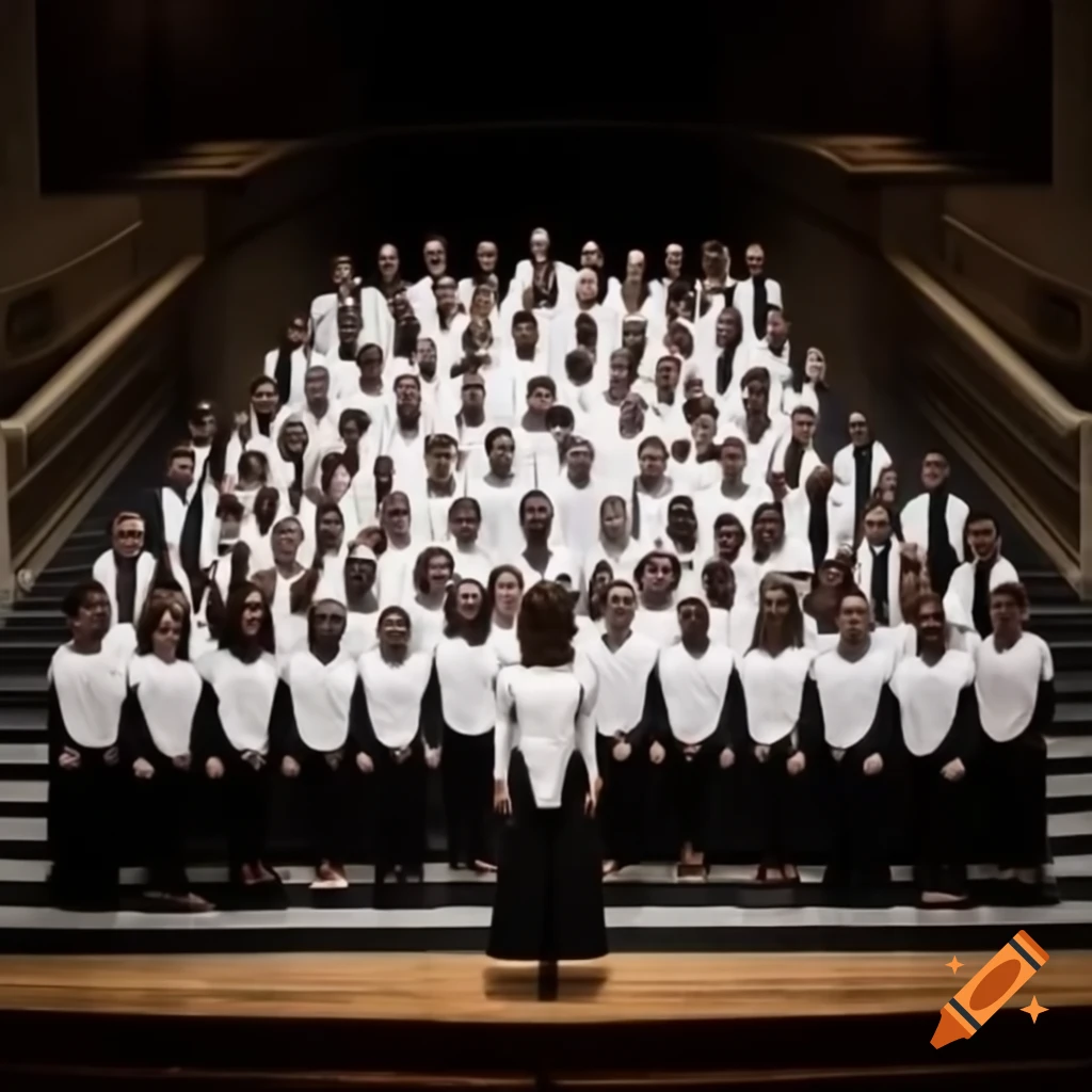 Diverse choir group in white attire performing on multi-layered stage ...