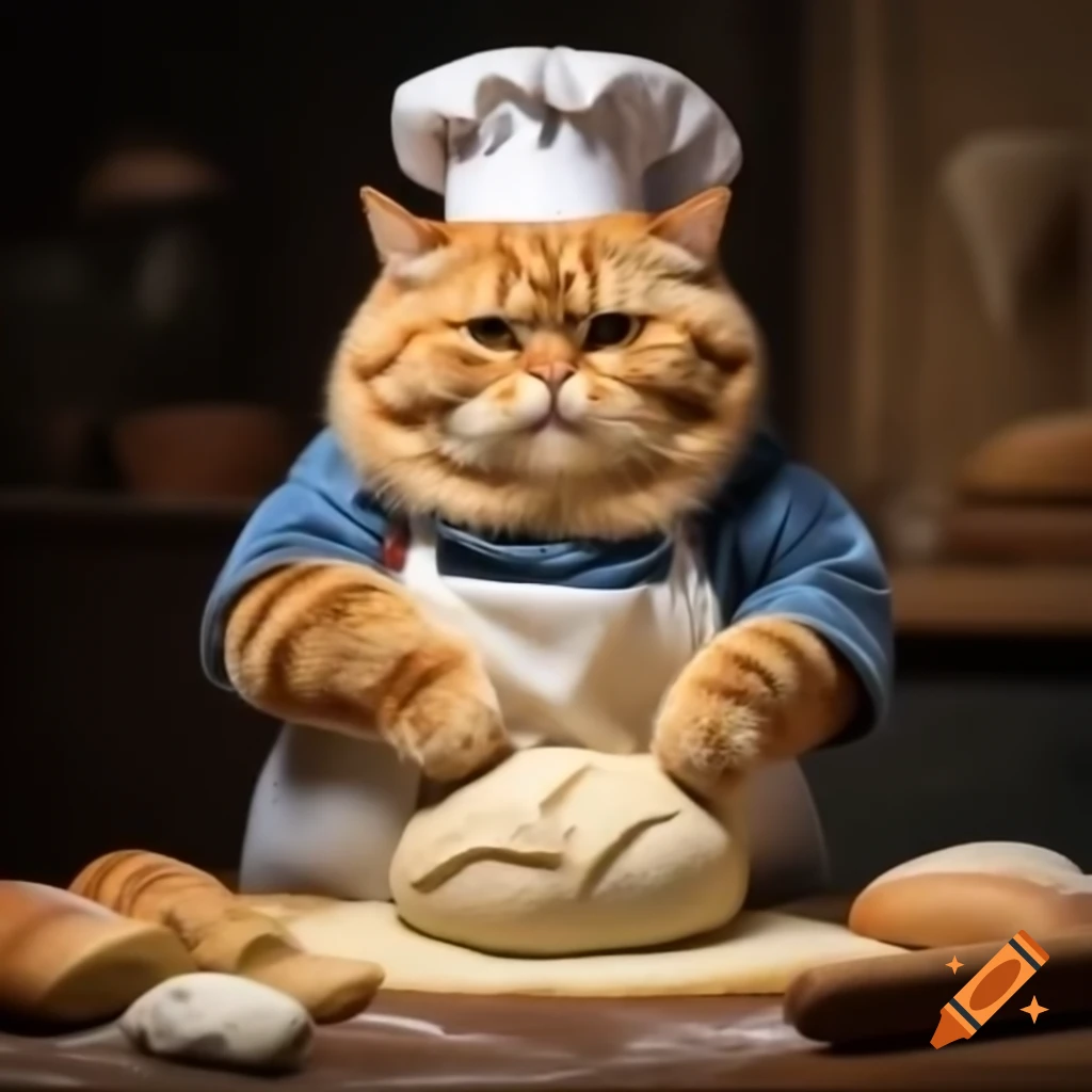 Mother cat dressed as baker kneading dough to make bread on Craiyon