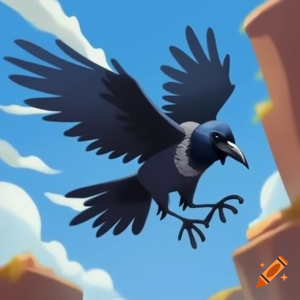 Crow flying in hot sky, appearing tired and thirsty on Craiyon