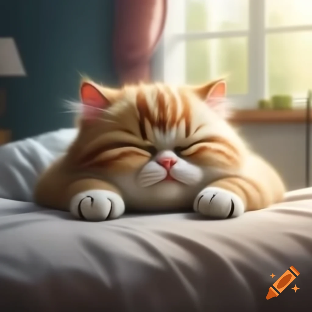 Fluffy cat sleeping on bed with morning sunlight streaming through ...