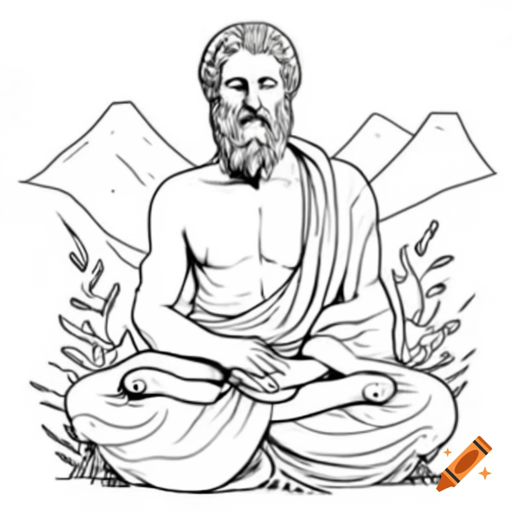 Black and white line art of Greek philosopher meditating in nature on ...