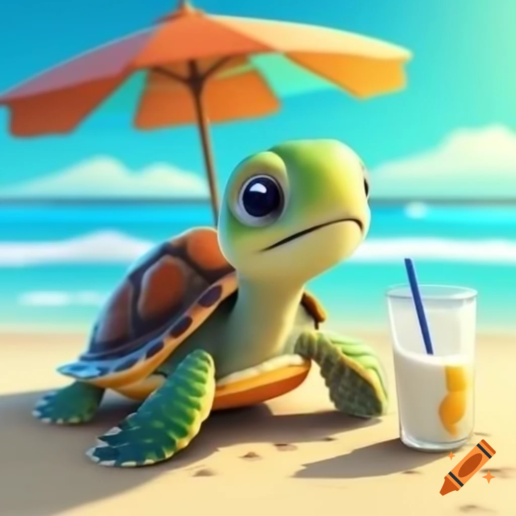 Sea turtle enjoying a coconut drink under beach umbrella on Craiyon