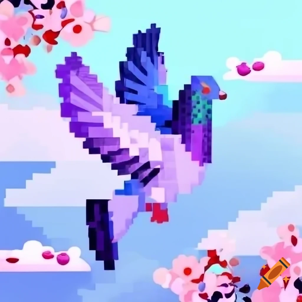 Pixel art pigeon flying among cherry blossoms in pastel colors on Craiyon