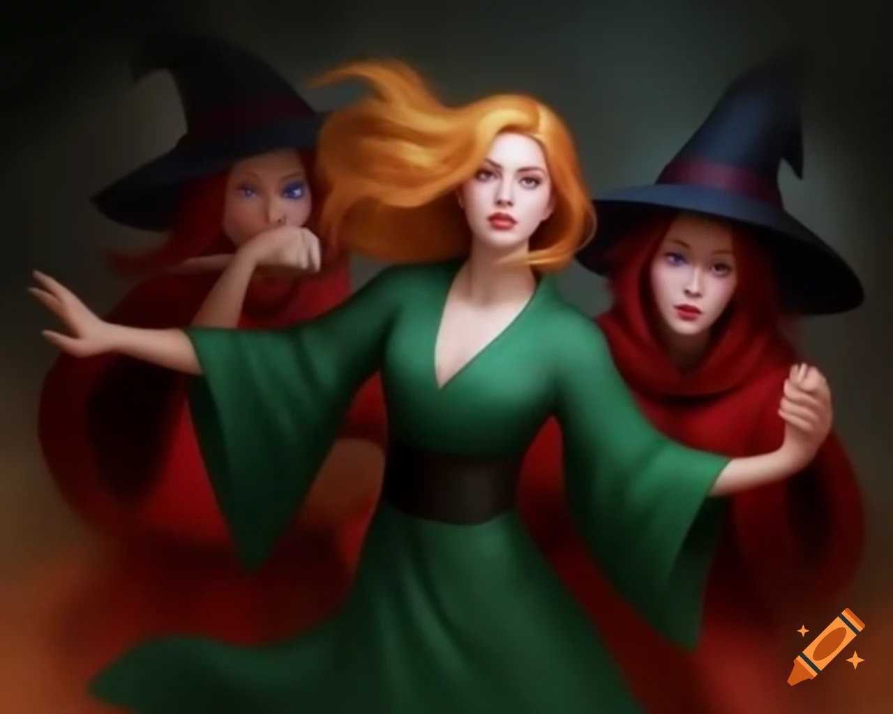 Blue eyed woman in green robes dancing with redheaded witch in red ...