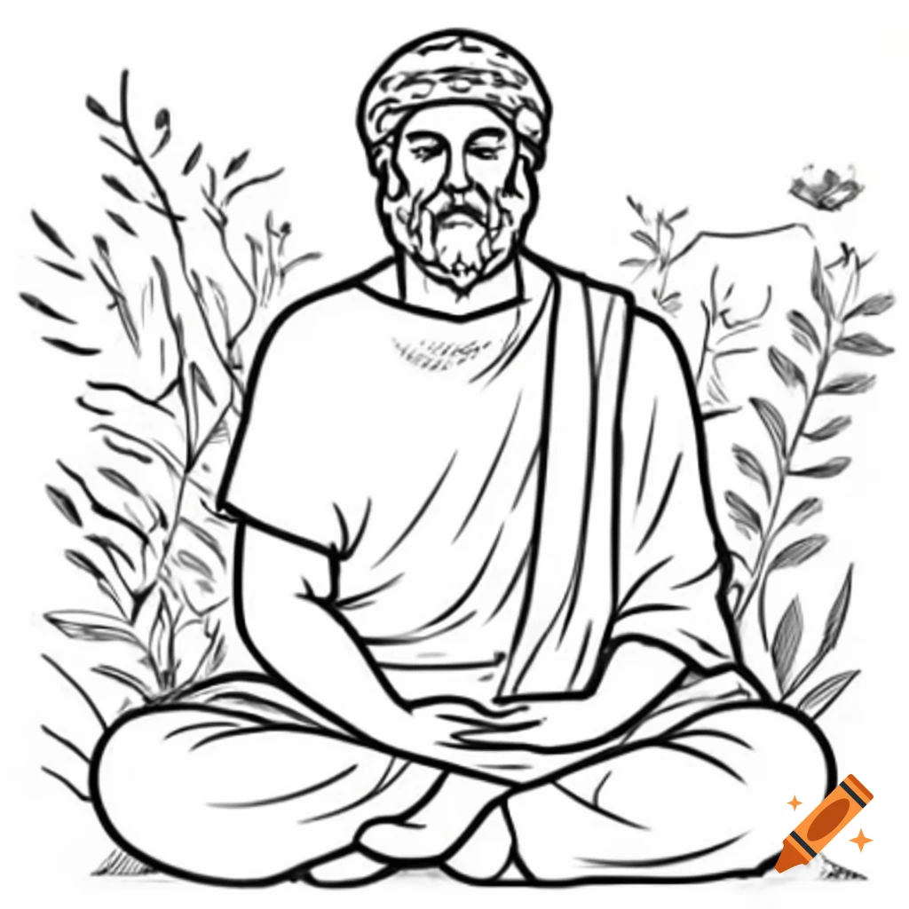 Line art of Greek philosopher in toga meditating in nature on Craiyon