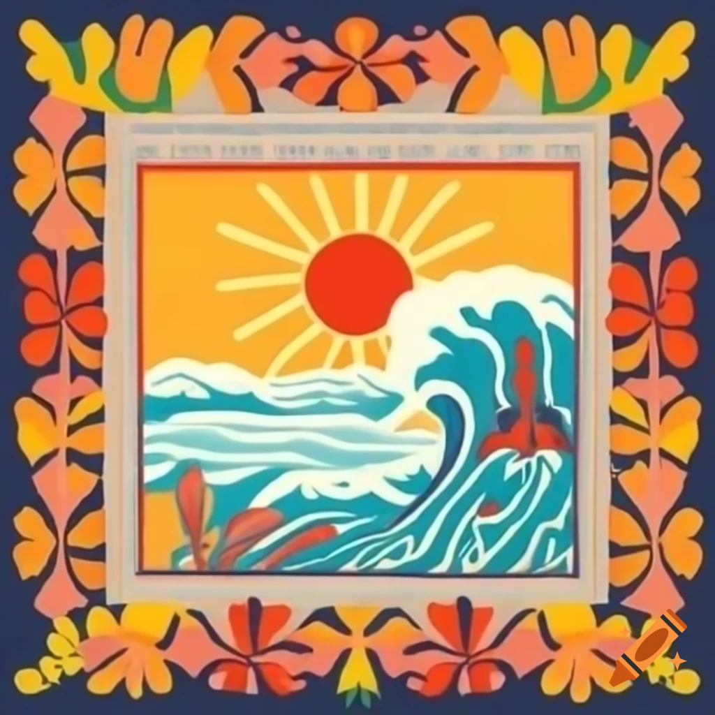 American folk art-style illustration of beach with waves, tropical ...