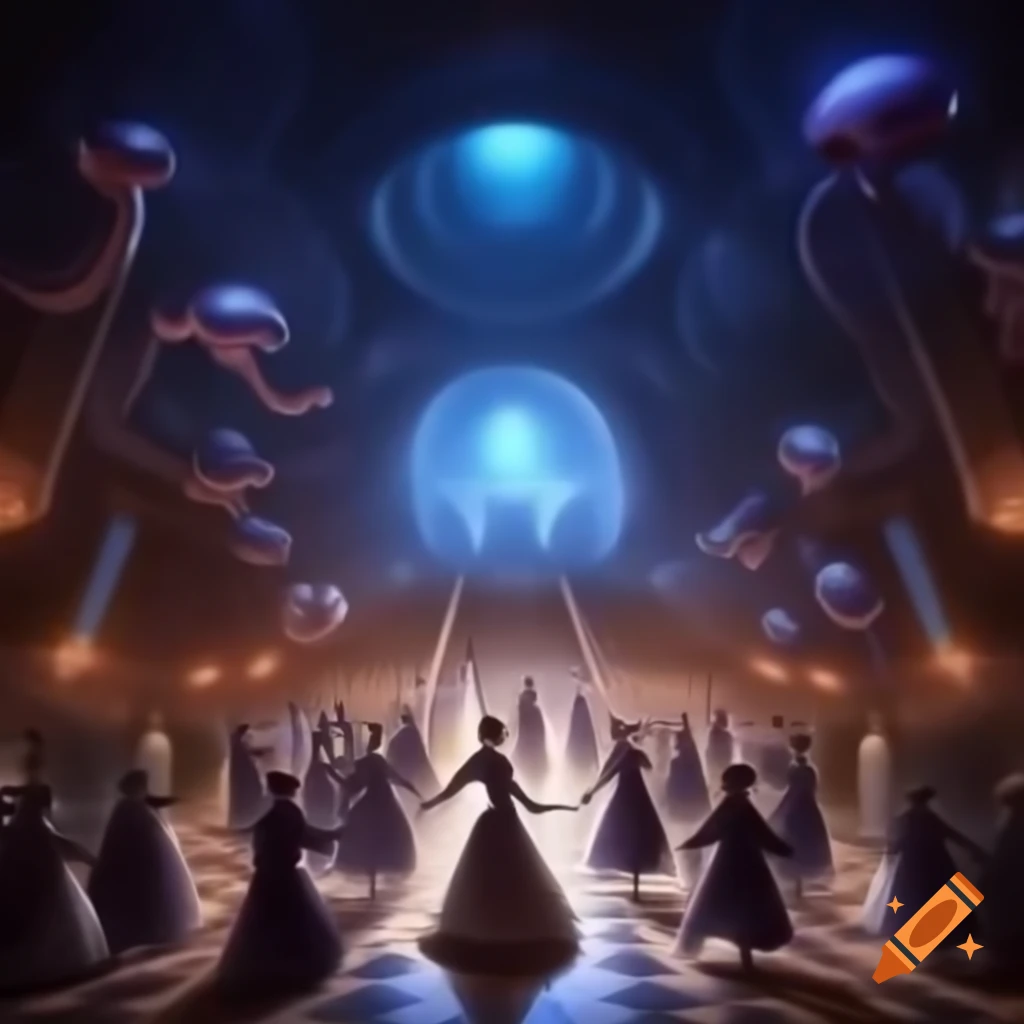 Grand spaceship ballroom with King Louis XIV dancing with aliens ...