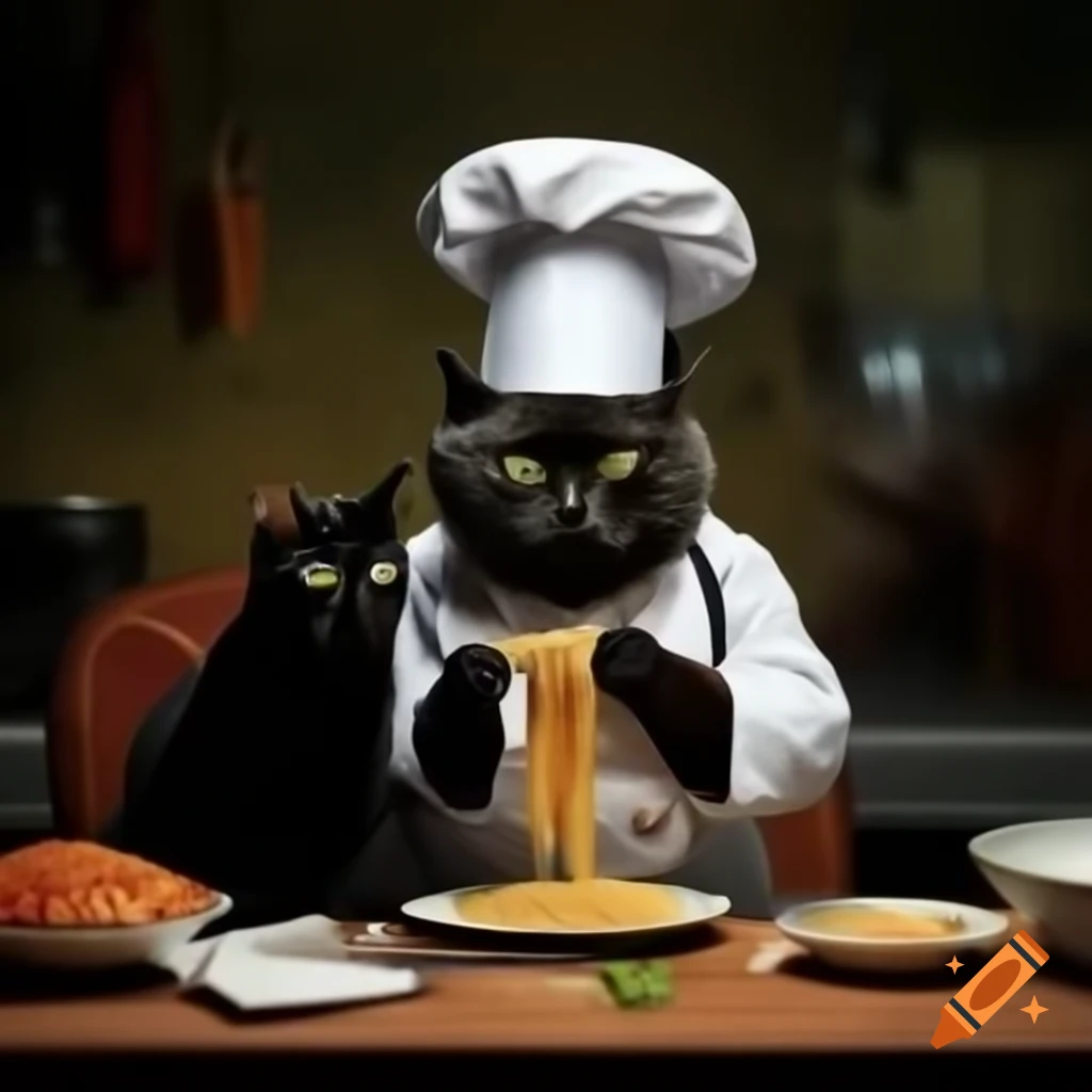 Two black cats cooking spaghetti, one with white freckle as sous chef ...