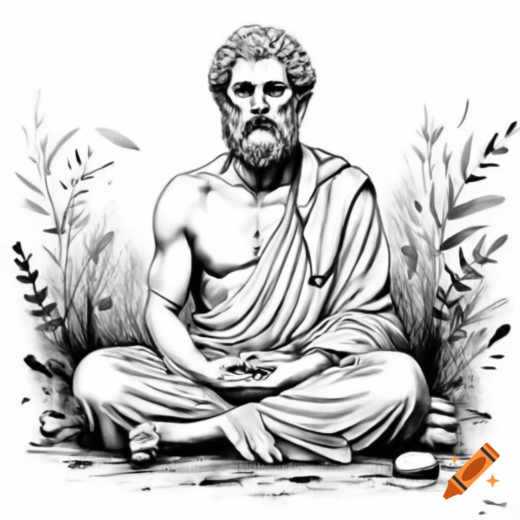 Black and white ink drawing of Greek philosopher in toga meditating in ...