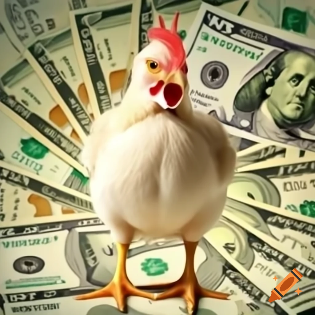 Chicken with money background on Craiyon