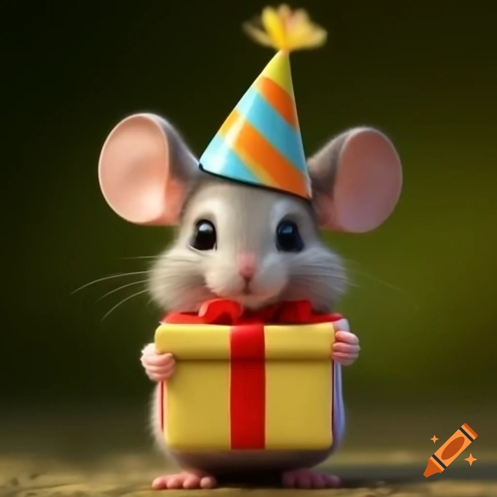 Cute mouse in party hat holding a present with birthday message on Craiyon