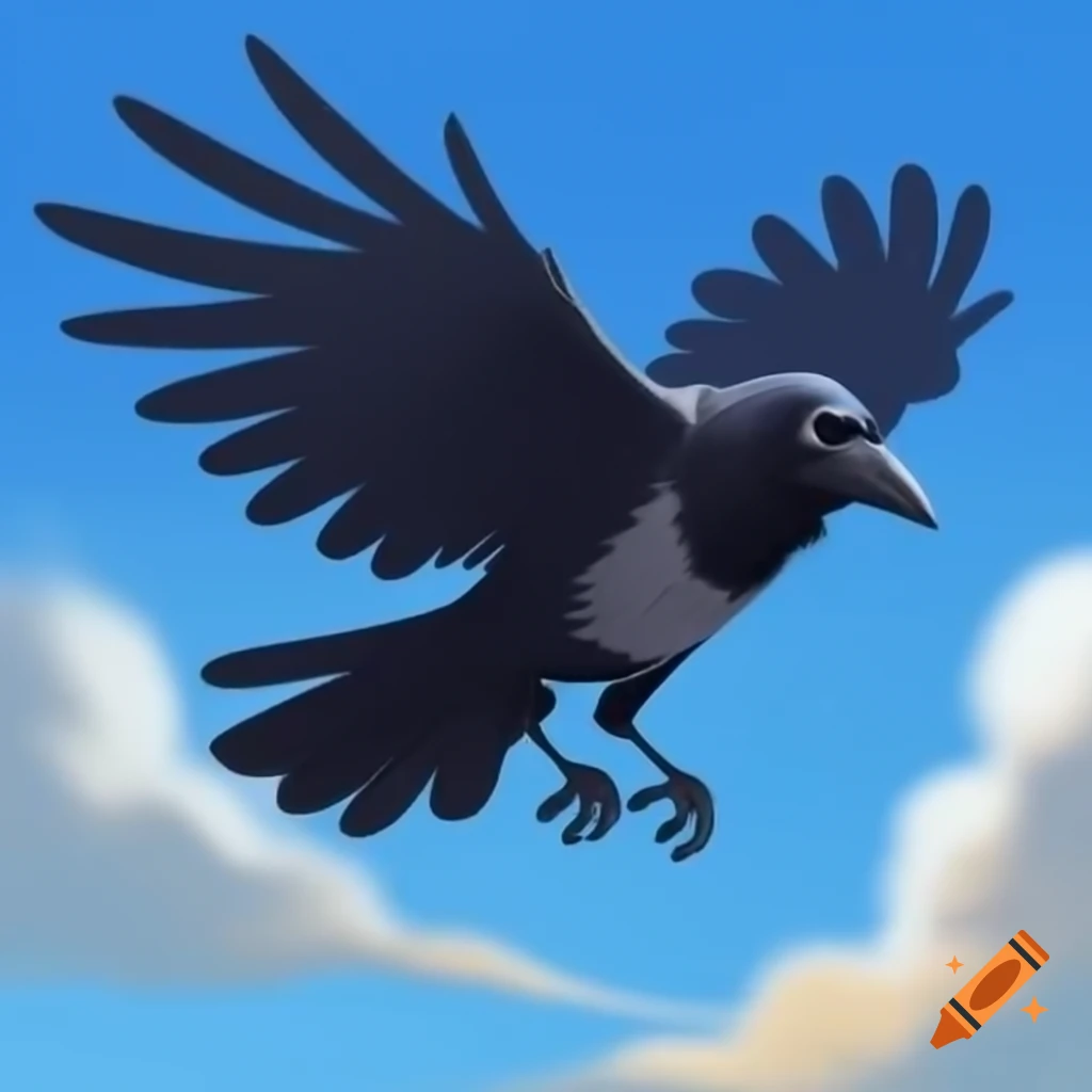 Crow flying in hot sky, appearing tired and thirsty on Craiyon