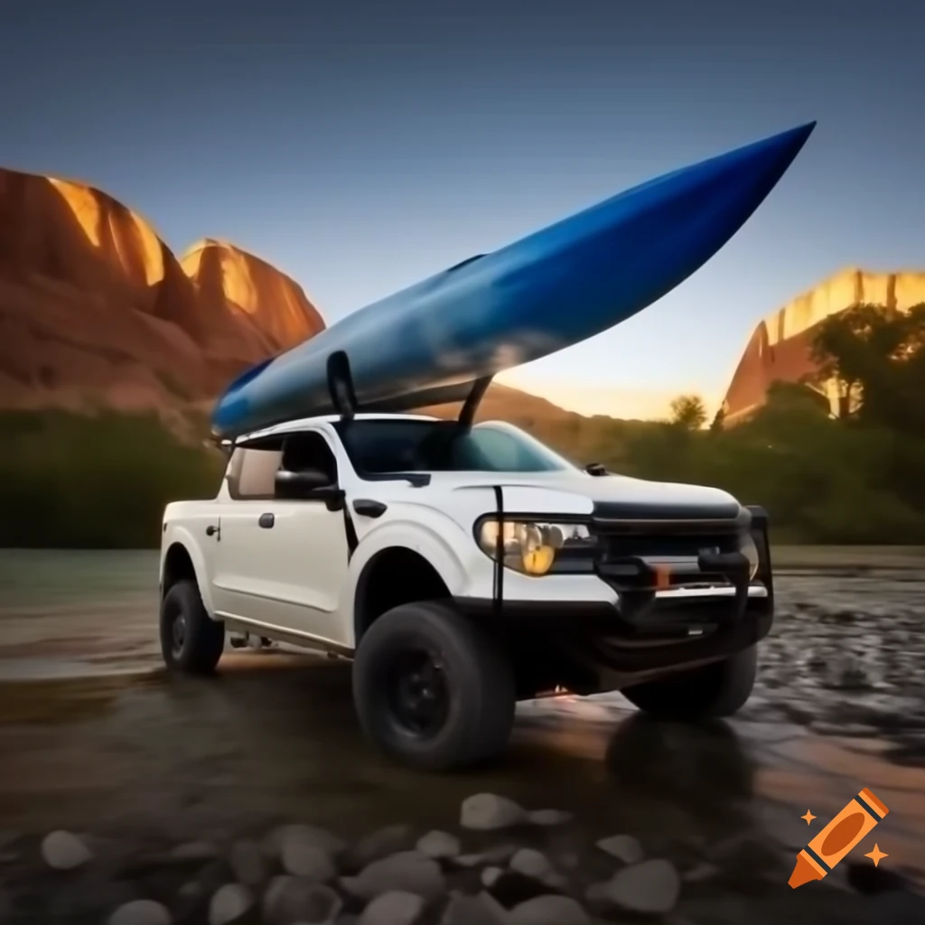 White Ford Maverick with blue kayak at Colorado River during golden ...