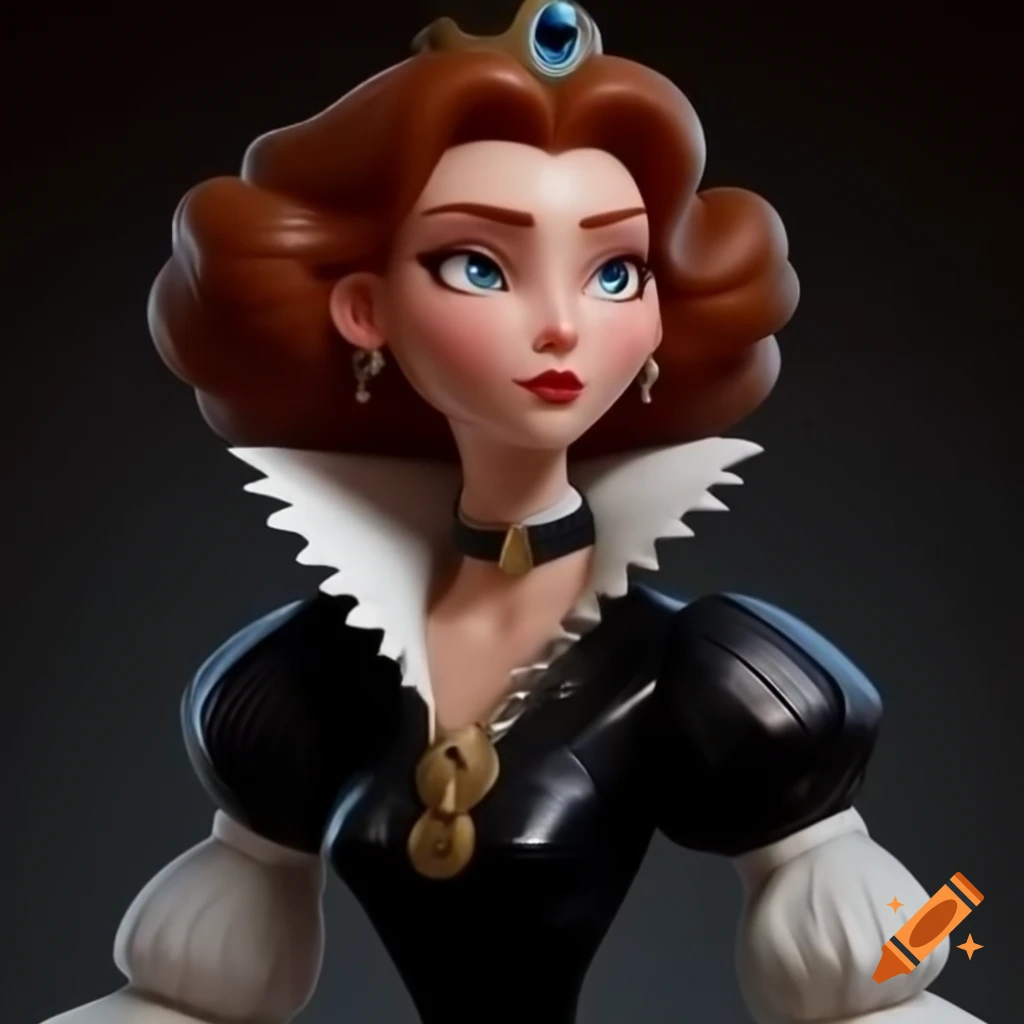 3D portrait of a princess in shiny black dress with white collar on Craiyon