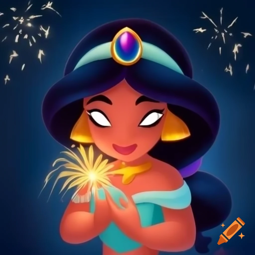 Princess Jasmine with heart fireworks and glowing love energy on Craiyon