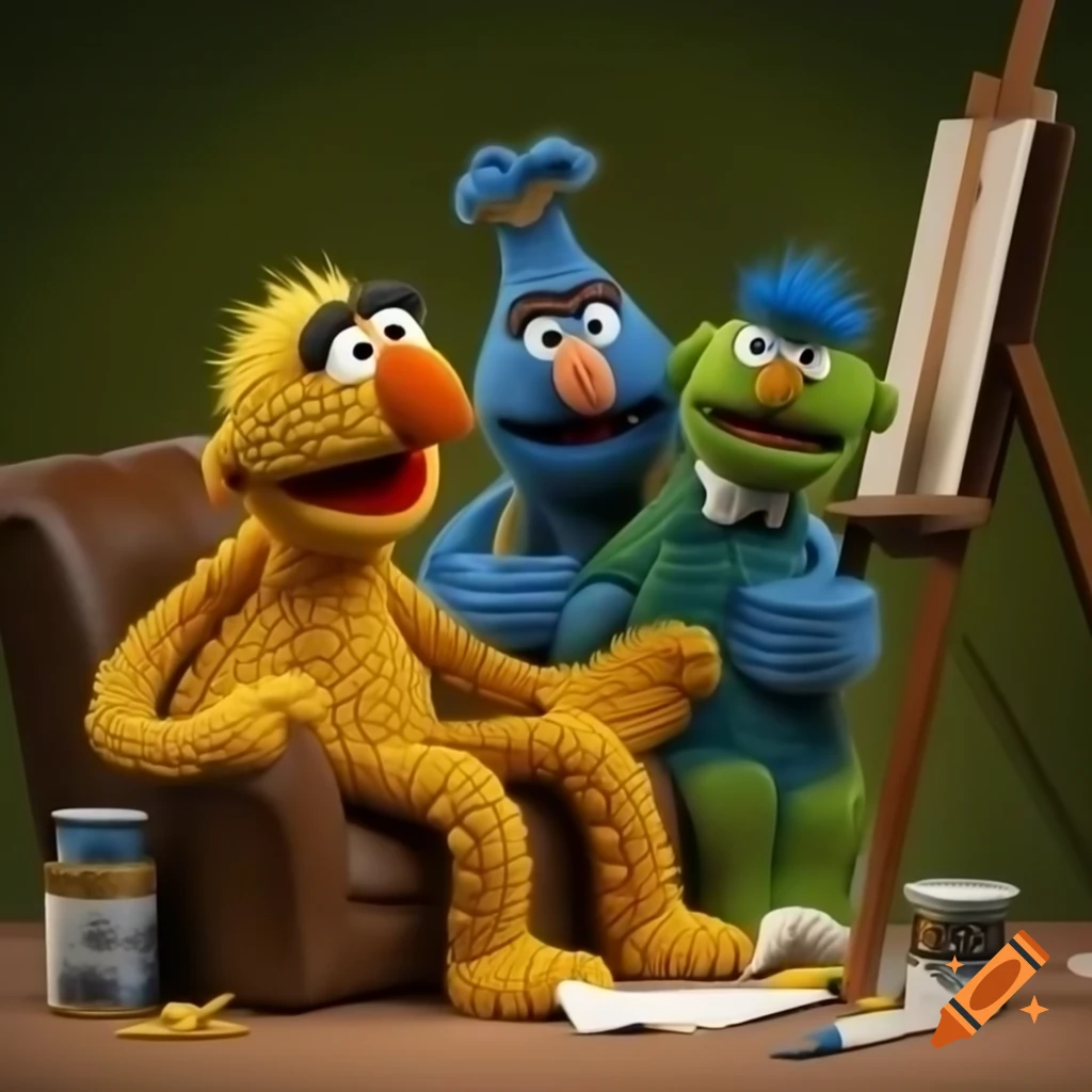 Whimsical ceramic figures of cartoon characters on a couch with an ...
