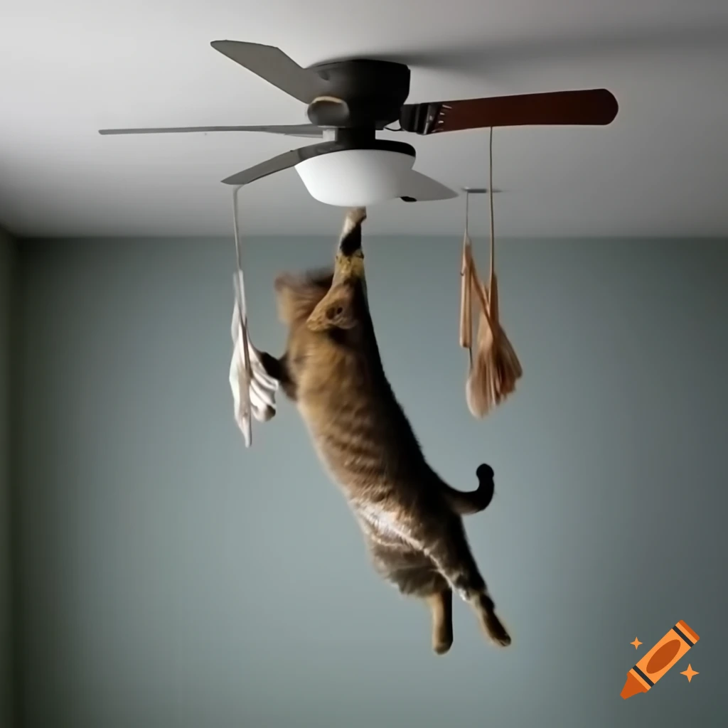 Cat Hanging From Ceiling Fan With Paws Playful And Daring Pose On Craiyon