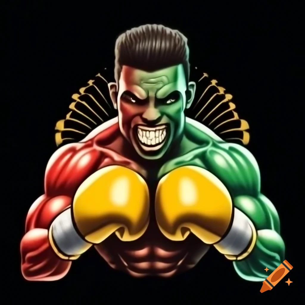 Boxer wearing gloves with distinctive gold teeth and green skin on Craiyon