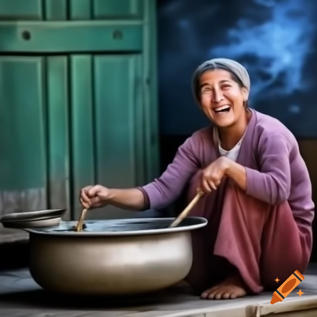 Uzbek woman cooking pilaf in a basin, showcasing cultural cuisine on ...