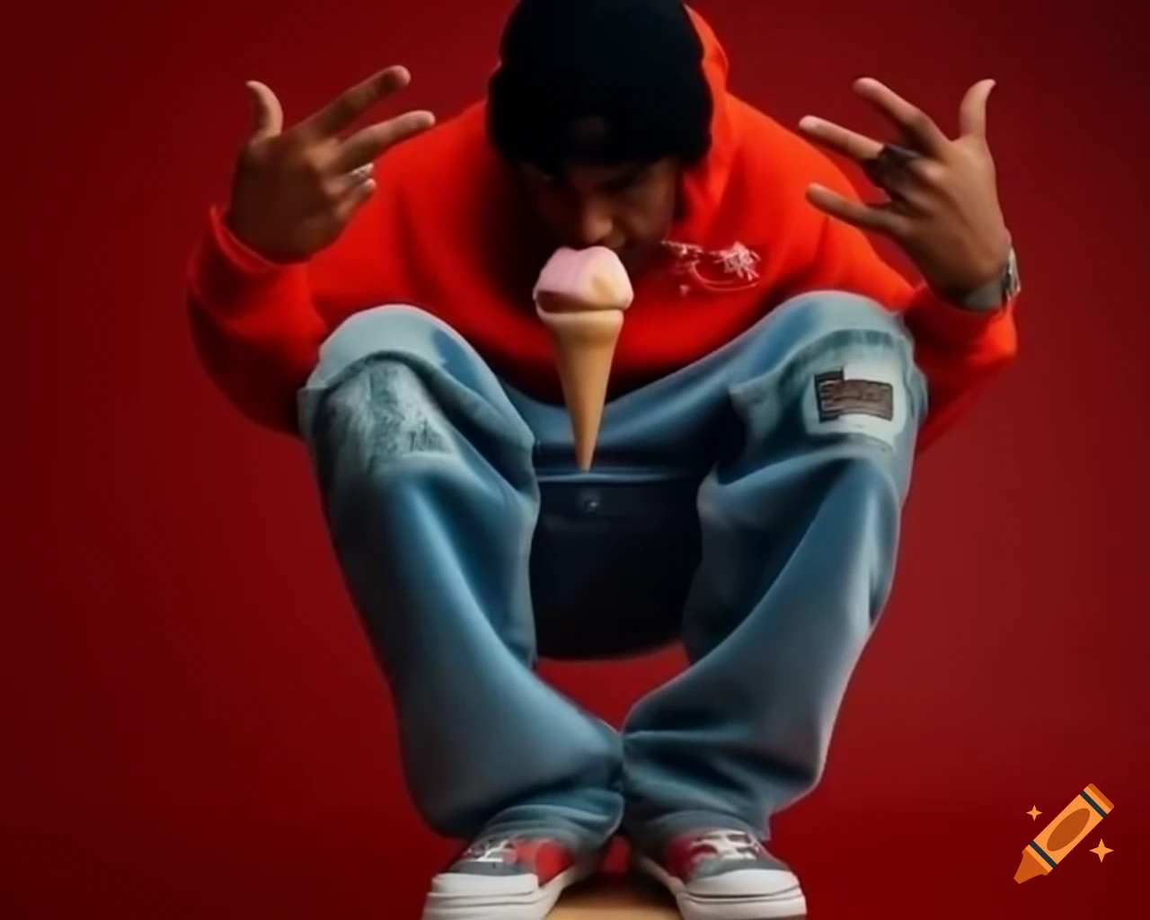 Mysterious rapper in baggy jeans and red hoodie, black beanie, exuding ...