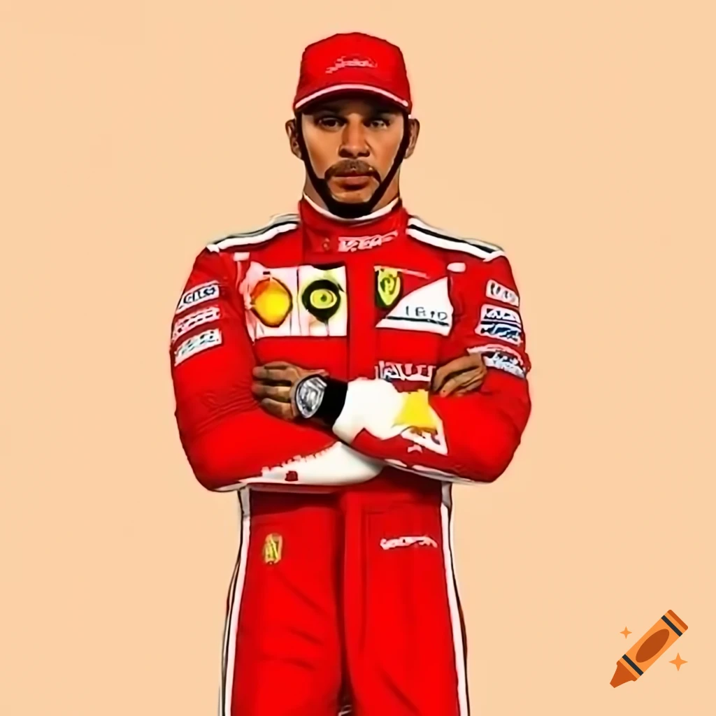 Cartoon-style depiction of Lewis Hamilton in Ferrari suit with arms ...