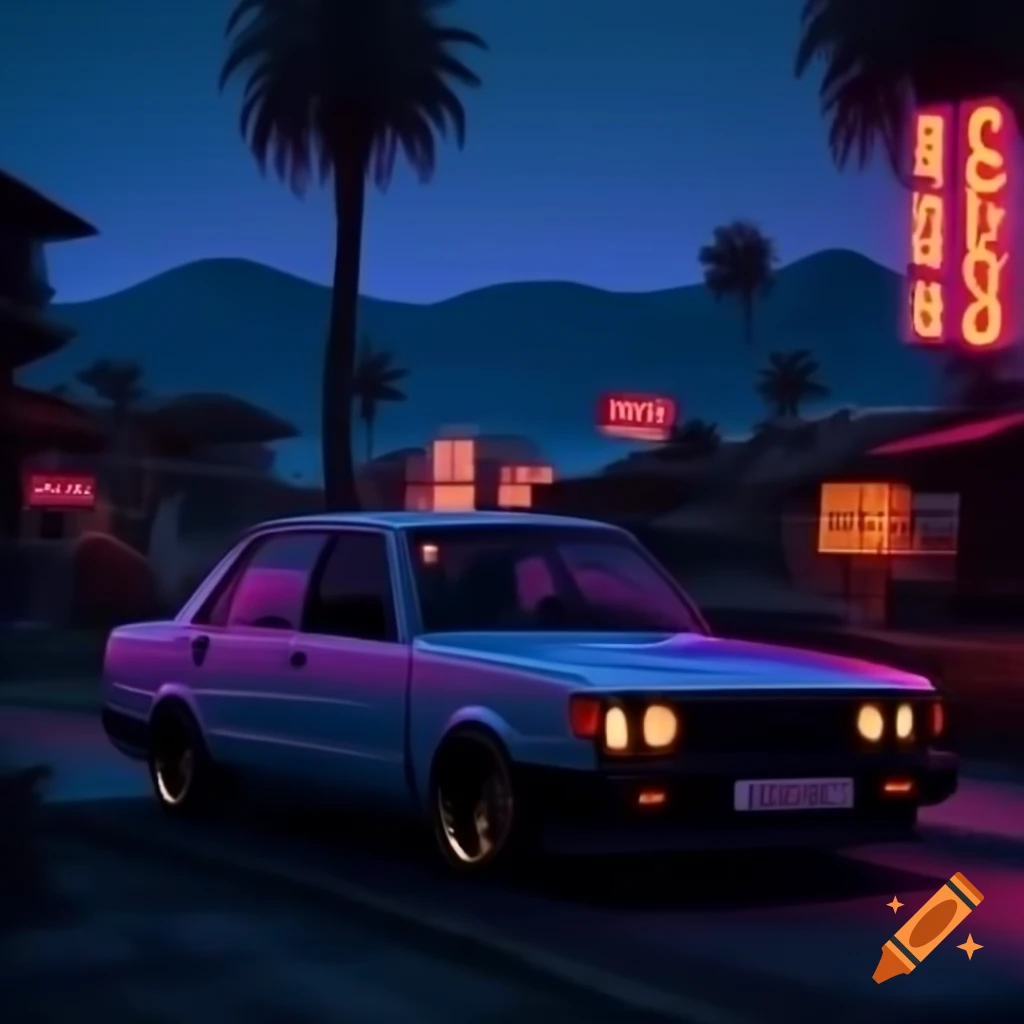 1980s neon lights with palm trees, vintage cars, and retro cassette ...