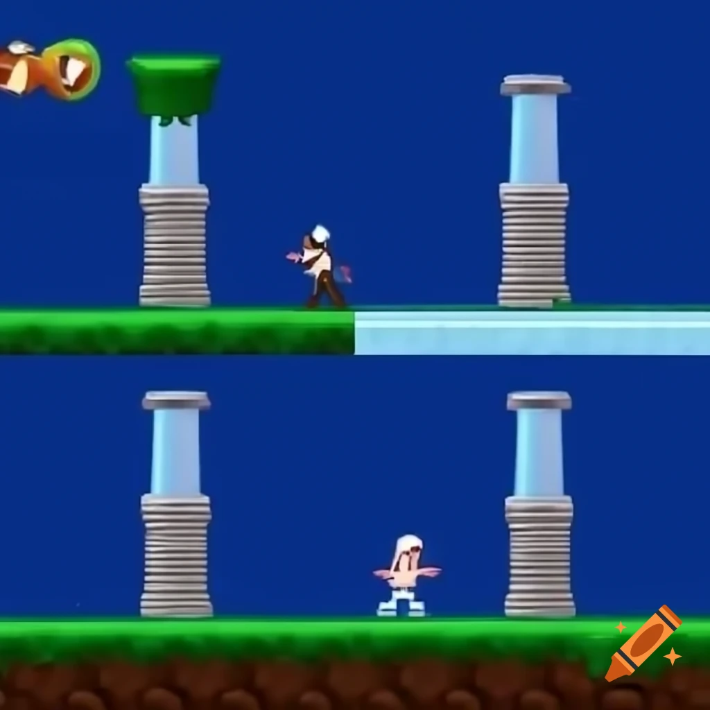 Character navigating a 2D level with two columns on Craiyon