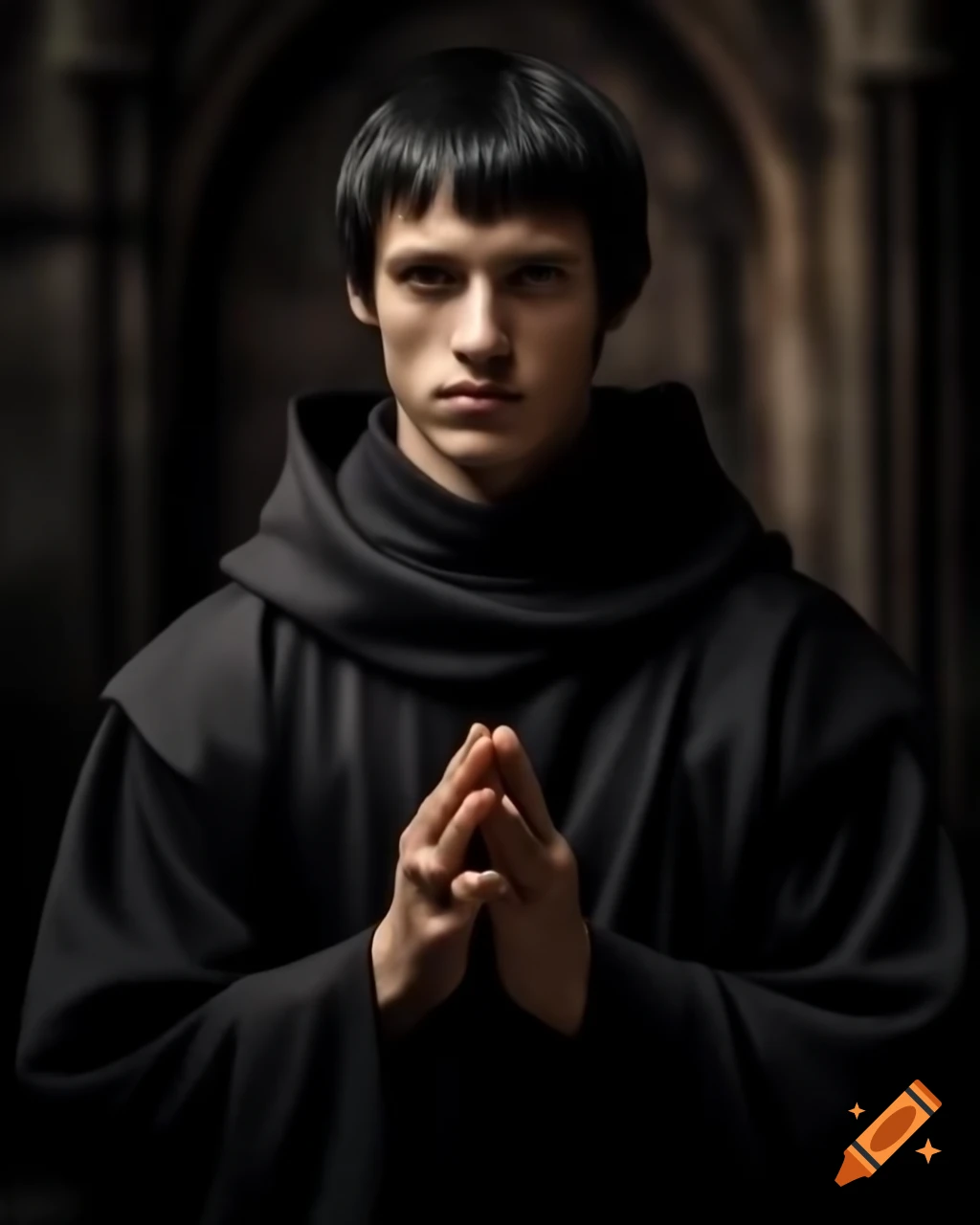 25-year-old man in black medieval Benedictine monk robes with short ...