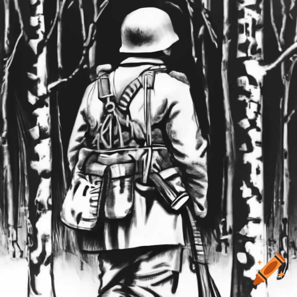 Ink drawing of WWII soldier in winter forest holding rifle on Craiyon