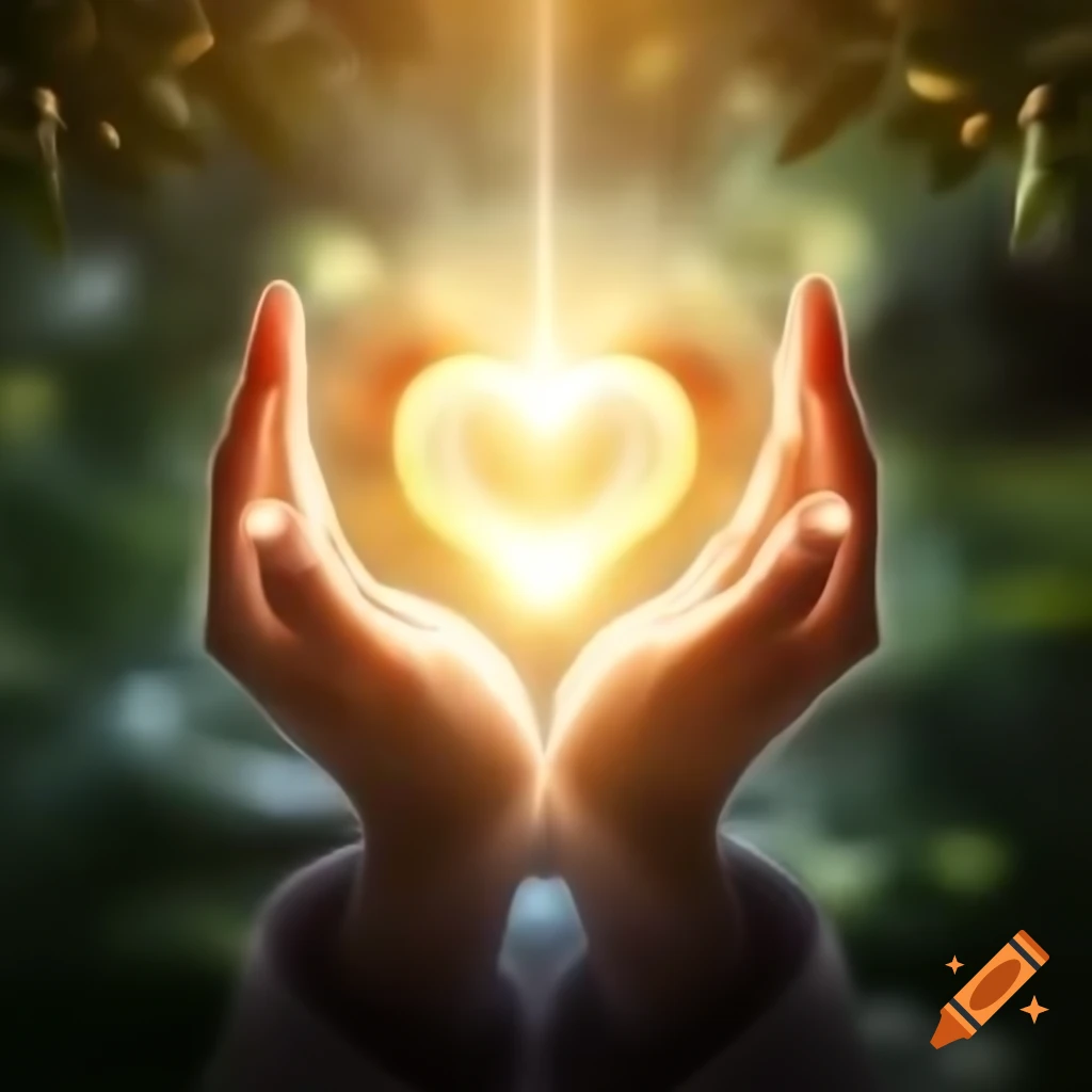 Hands in prayer with glowing heartlight and peaceful aura in natural ...
