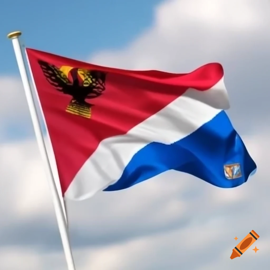 Flag featuring dark red, white, and dark blue colors with a black ...